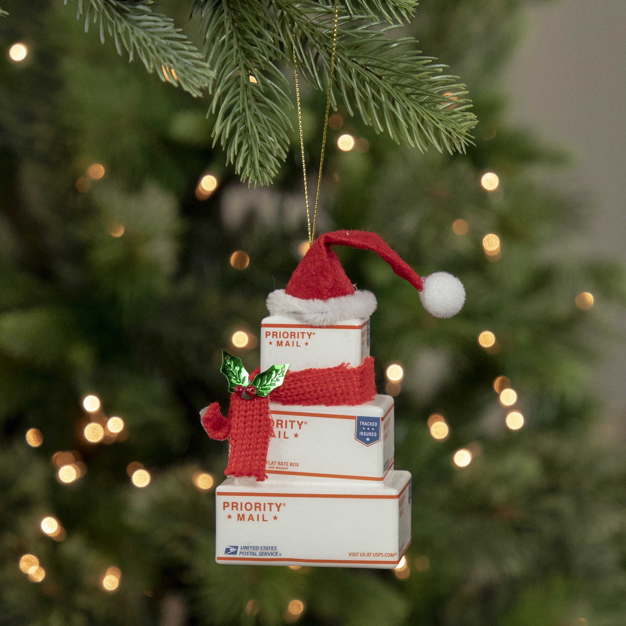 Northlight Seasonal 4.5" White and Red "USPS Priority Mail" Stacked Packages Santa Hat Christmas ...
